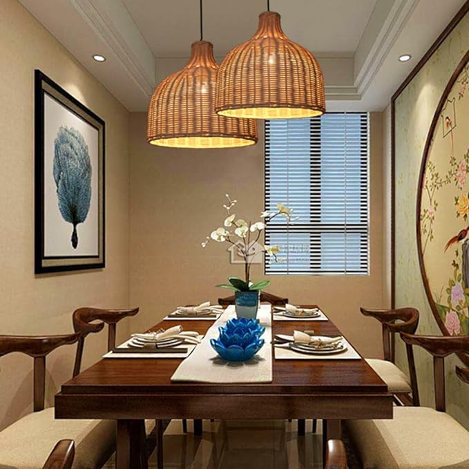 Retro Rustic Pendant Light Shades Rattan Boho Bamboo Weave Lamp | heparts