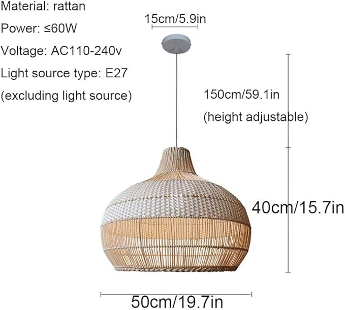 Wicker Rattan Basket Pendant Lighting Fixture Adjustable Cord Hanging ...